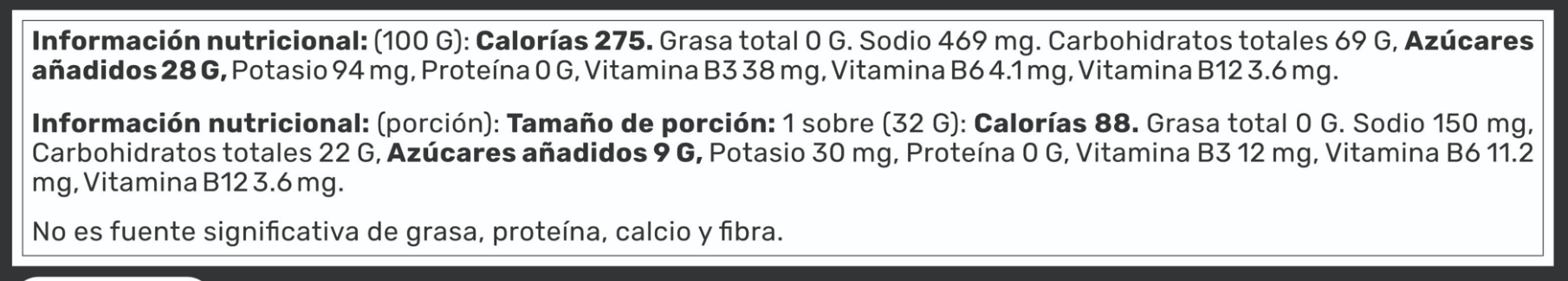 Tabla Nutricional Gel Electrolyte * Sobre 32G - PXSPORTSDRINK
